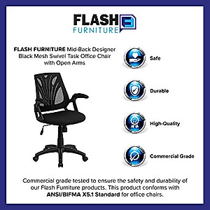 Flash Furniture Mid-Back Designer Black Mesh Swivel Task Office Chair with Open Arms