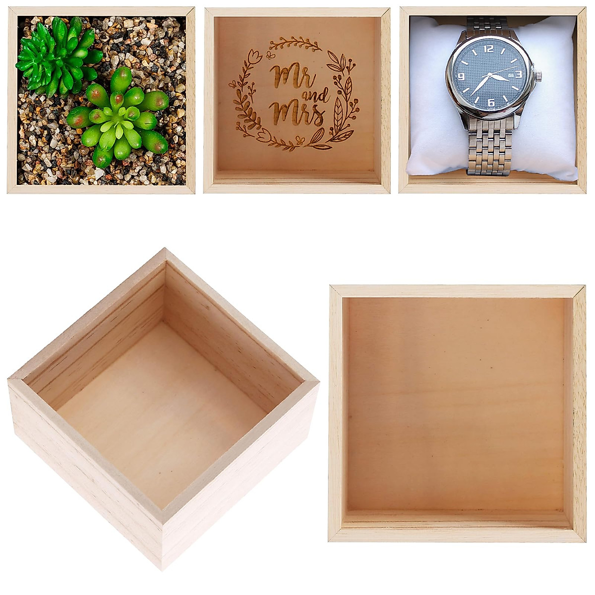 12 PCS 4'' x 4'' Rustic Wooden Box Storage Organizer Craft Box for Collectibles Home Venue Decor Succulents