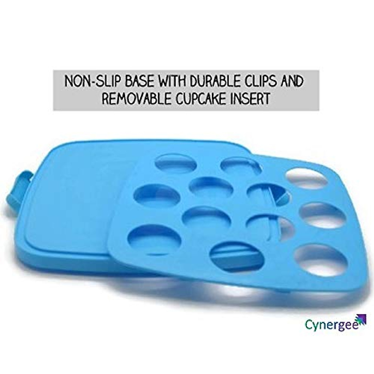 Cynergee Square Portable Cake, Pie, Cupcake, Muffin Carrier with Locking Lid and Collapsible Handles, Includes 50 All Occasion Paper Cupcake Liners, Blue