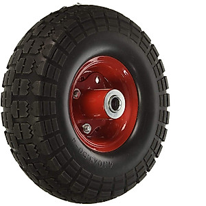 10"Flat Free, Hand Truck/All-Purpose Utility Tire on Wheel- 5/8" Center Shaft Hole (Black Tire - Red Rim)