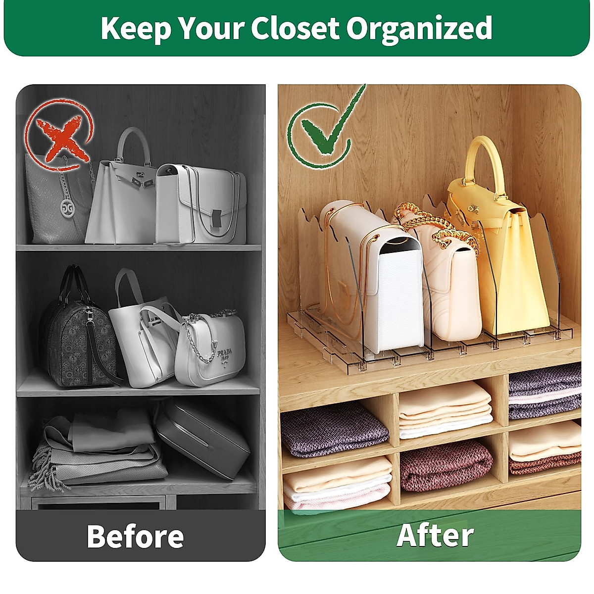 SPACEKEEPER Adjustable Shelf Divider for Closet, Clear Purse Organizers for Closet Acrylic Handbag Separators Storage Organizer Bookshelf Separator Dividers in Bedroom, Office