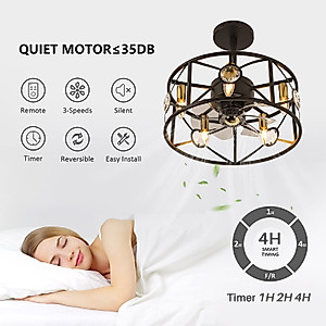 PAZALA Ceiling Fan with Light - Black Caged Ceiling Fan with Lights and Remote, Rustic Farmhouse Chandelier Ceiling Fan with 5 Lights, 3 Speed Reversible Airflow