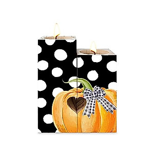 Boho Thanksgiving Candle Holder with Tea Light, Vintage Wood Tealight Candle Stick Holder Pillar Centerpiece, Heart-Shaped Tall Wooden Tea Light Candle Holders Decor Set Black White Dot Fall Pumpkin
