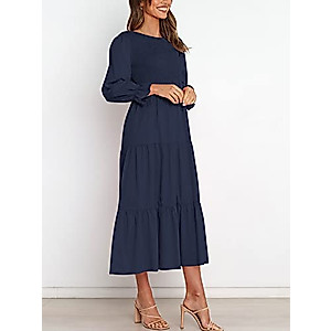 LOGENE Womens Round Neckline Shirred Bodice Maxi Dress Tiered Panel Skirt-6L55-zanglang-M Navy Blue
