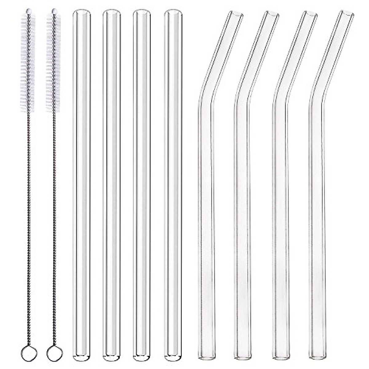ALINK Glass Smoothie Straws, 10" x 10 mm Long Reusable Clear Drinking Straws, Pack of 8 with 2 Cleaning Brush,