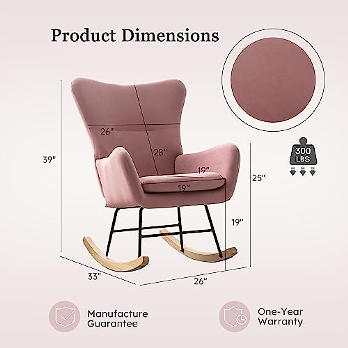 Bonzy Home Velvet Rocking Accent Nursery Chair Small Upholstered Glider Rocker Chair for Baby Nursery Padded Seat with High Backrest Armchair Comfy Side Chair Bedroom Living Room Chair, Pink