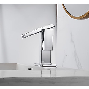 Chrome Bathroom Sink Faucet One Hole LED Waterfall Spout RGB 3 Colors Light Changing Lavatory Vanity Faucets Brass Single Handle Modern Washbasin Bath Tap Include Plates to Cover Holes Residential