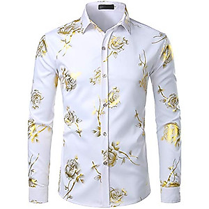 ZEROYAA Mens Hipster 3D Golden Rose Floral Printed Slim Fit Long Sleeve Button Down Dress Shirts ZZCL22 White Medium