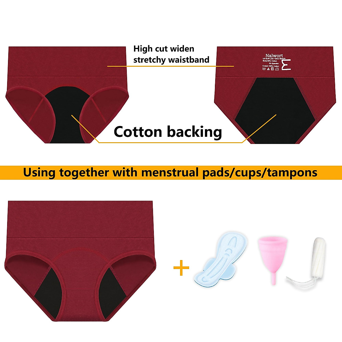 Nalwort Womens Menstrual Period Panties Cotton Leak Proof Underwear Postpartum Protective Briefs