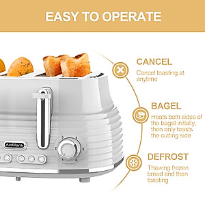 Anfilank 4-Slice Toaster, Retro Toaster with Long Extra-Wide Slots and Removable Tray, Cancel/Bagel/Reheat Function, 6 Shape Options, BPA free(Grey)
