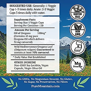 Pure Mountain Botanicals High Potency Wild Oregano Oil - 120 Vegetarian Capsules – Now with 510mg Mediterranean Oil of Oregano (70% Carvacrol)