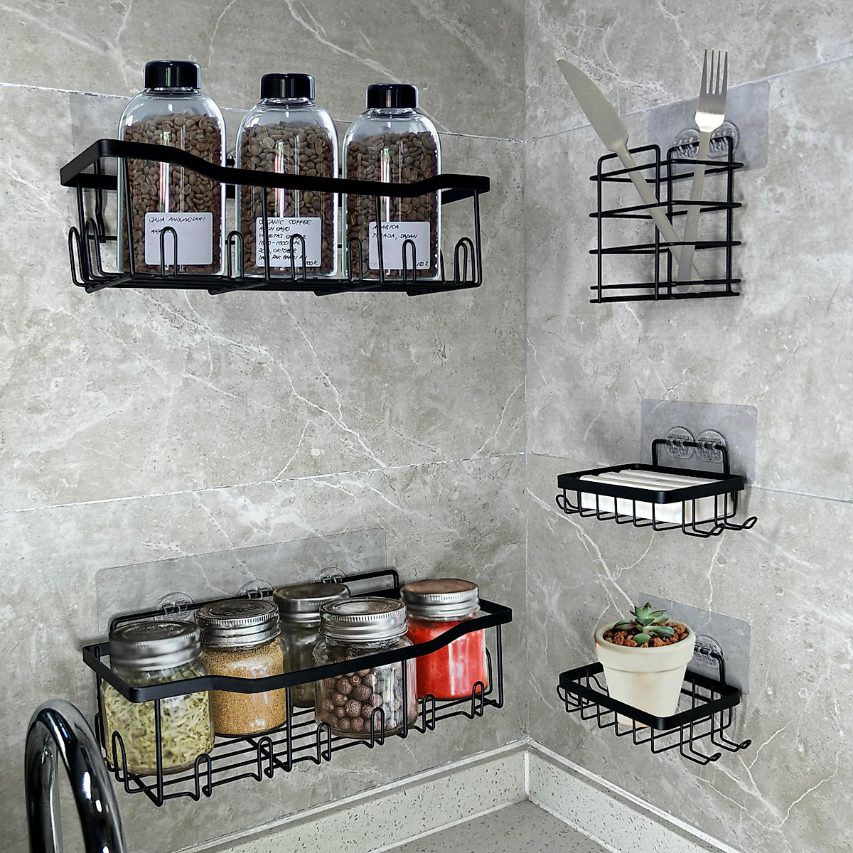 CAPPCHAO Shower Caddy Black Shower Organizer Shower Caddy Adhesive 5 Pack Bathroom Set Shower Shelves for Inside Shower Rustproof Carbon Steel Bathroom Organizer,Shower Shelves Matt Black