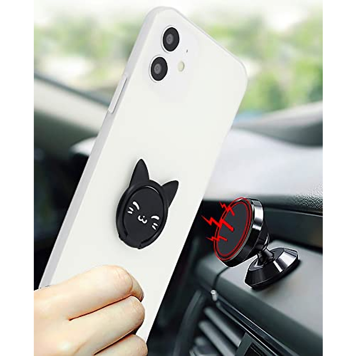 LaMignonne Cat Cell Phone Ring Holder Ultra-Slim Metal Finger Grip 360° Rotation & 180° Flip Universal Phone Kickstand for Magnetic Car Mount Compatible with All Smartphones (Black-Smile)