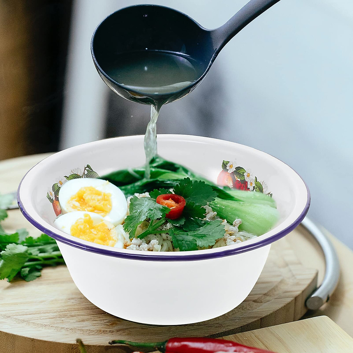 Luxshiny Snack Container enamel soup bowl, fruit bowl enamel serving bowl vintage noodle bowl enamelware round tray for home bowls kitchen fruit bowl () Grease Container