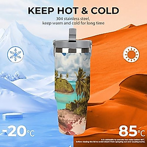 RTFGHJS Caribbean Scenery 30 Oz Tumbler with Handle And Flip Straw, Stainless Steel Vacuum Insulated Travel Mug, Thermal Cup for Coffee, Water, Iced Drinks, Fits Car Cup Holders (Home, Sports)