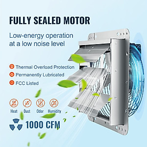 VEVOR 12'' Shutter Exhaust Fan, High-speed 1000 CFM, Aluminum Wall Mount Attic Fan with AC-motor, Ventilation and Cooling for Greenhouses, Garages, Sheds, Shops, FCC