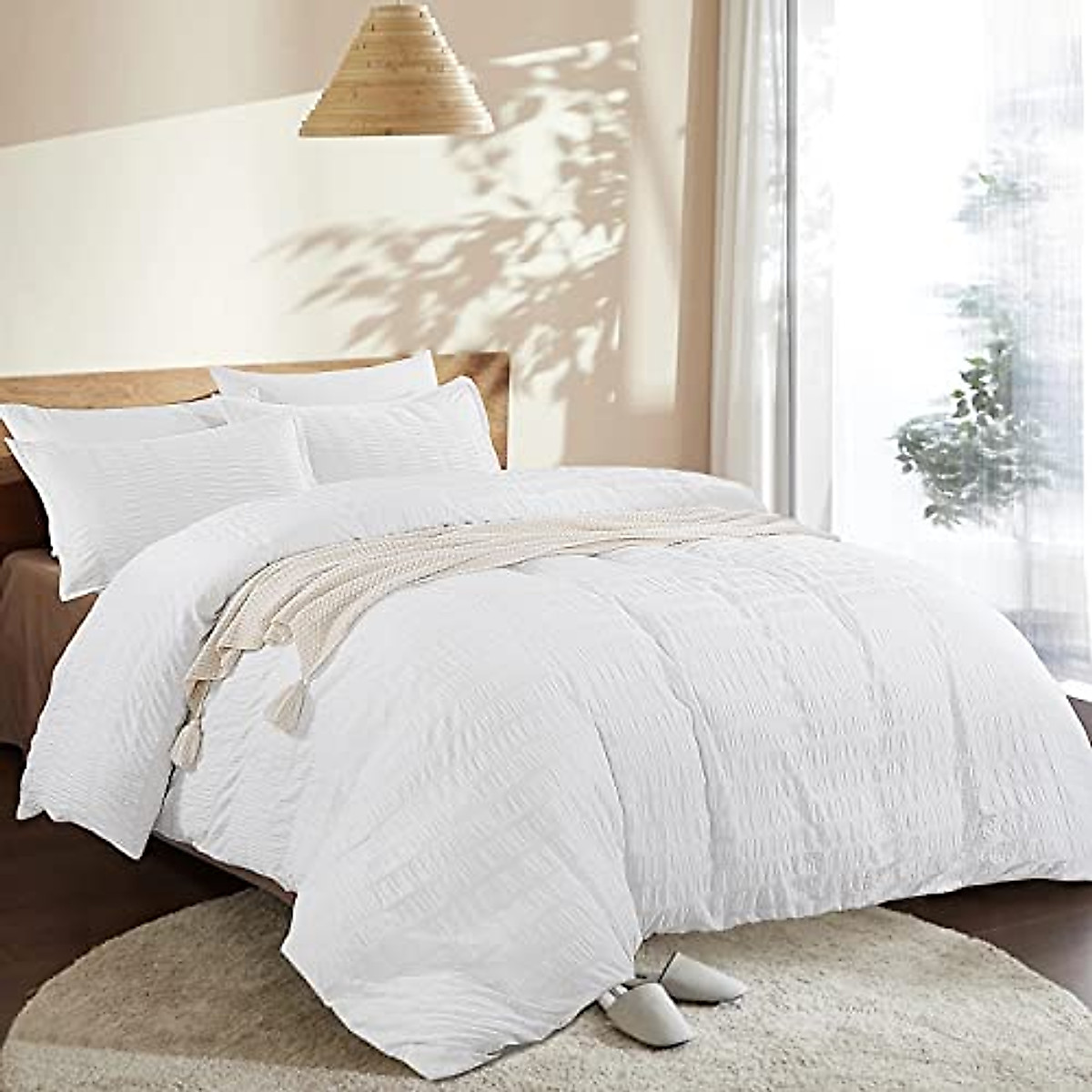 HOMBYS Oversized King Duvet Cover Set 120"x120", Striped Textured Seersucker Duvet Cover 3 Pieces Set, Cream White Boho Duvet Cover for All Season with Zipper Closure,Soft Breathable Duvet Cover Set