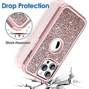Hython for iPhone 14 Pro Case, Heavy Duty Full-Body Defender Protective Phone Cases Glitter Bling Sparkle Hard Shell Hybrid Shockproof/Drop Proof 3-Layer Military Rubber Bumper Cover Women, Rose Gold