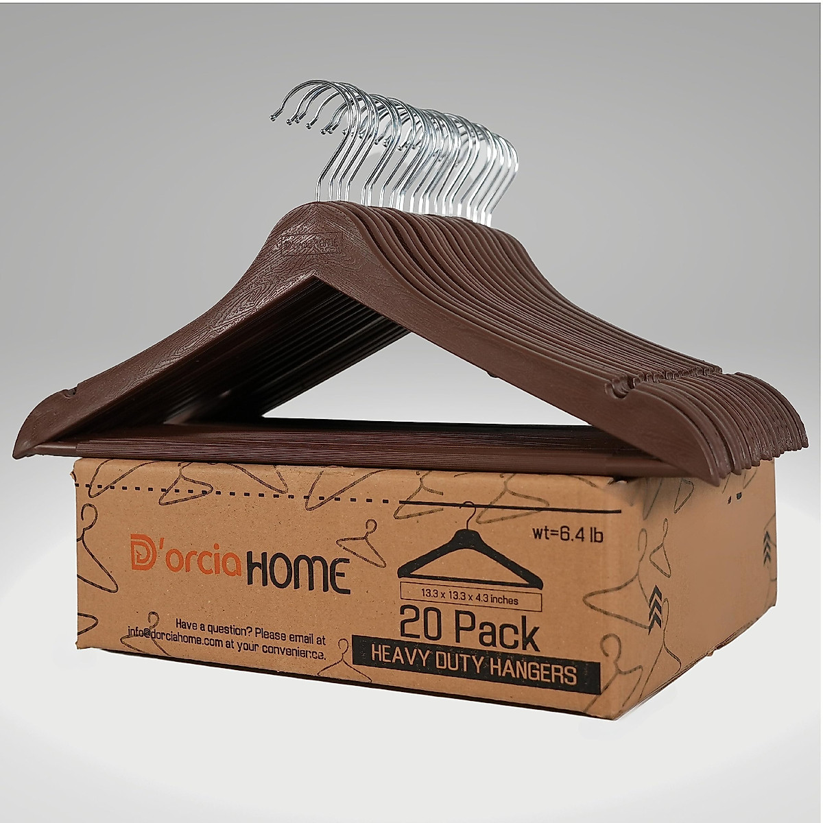 D'orcia Home Clothes Hanger - Heavy Duty Durable Coat and Clothes Hangers - 20 Pack Clothes Hangers Plastic - Non-Slip Clothes Hangers - Wood Look Space Saving Hangers - 360 Degree Swivel Hook (Brown)