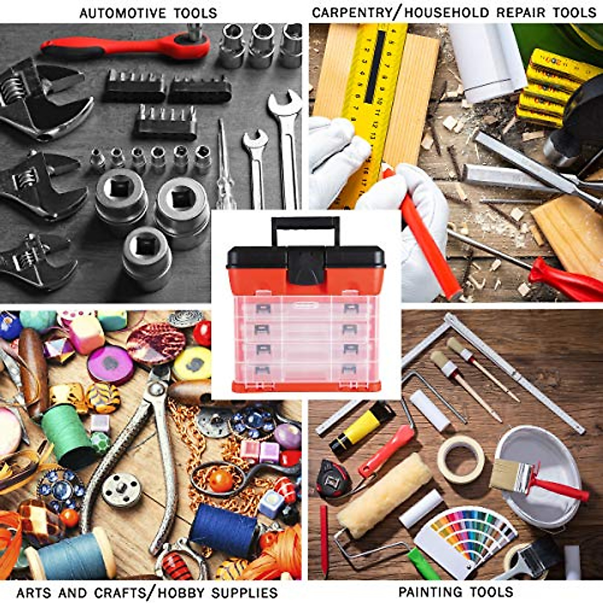 Storage Tool Box - Portable Multipurpose Organizer With Main Top Compartment and 4 Removable Multi-Compartment Trays by Stalwart,Red,11 in x 7 in x 10 in