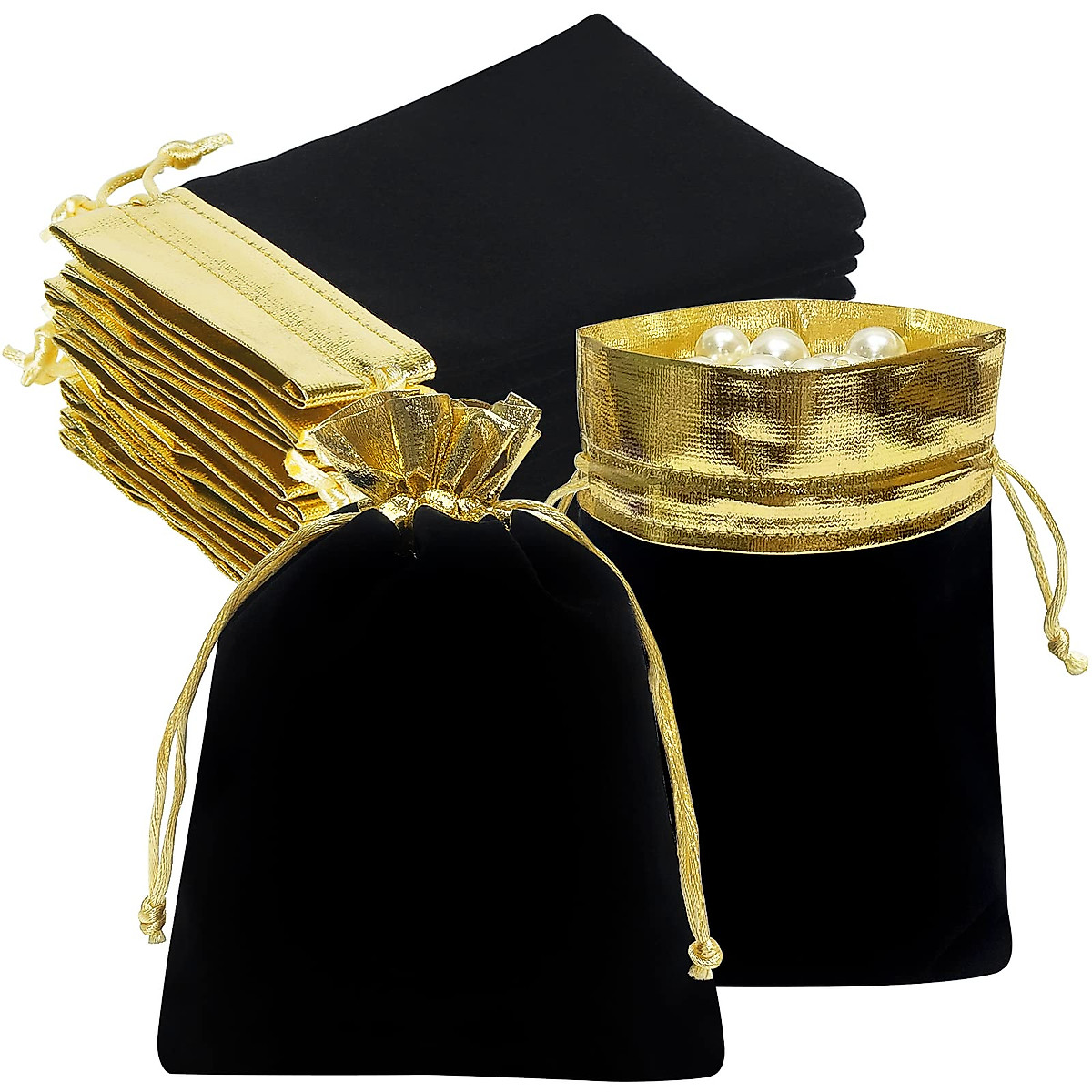 HRX Package 10pcs Velvet Bags with Drawstrings 5x7 inch, Black Gold Cloth Gift Pouches Baggies Sacks for Jewelry Dice Party Favor