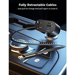 【Upgraded】 SUPERONE Retractable Car Charger 4 in 1, Fast Car Phone Charger with Cord 2.6ft, USB C and Lightning Car Charger Adapter, Compatible with iPhone 15/15 Pro Max/14/13/12/11, Galaxy, Pixel