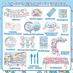 202PCS Cute Birthday Party Supplies, Kawaii Birthday Party Decorations include Banner, Latex Balloons, Backdrop, Cake Topper, Tableware, Plates, Napkins, Temporary Tattoos for Kids Birthday