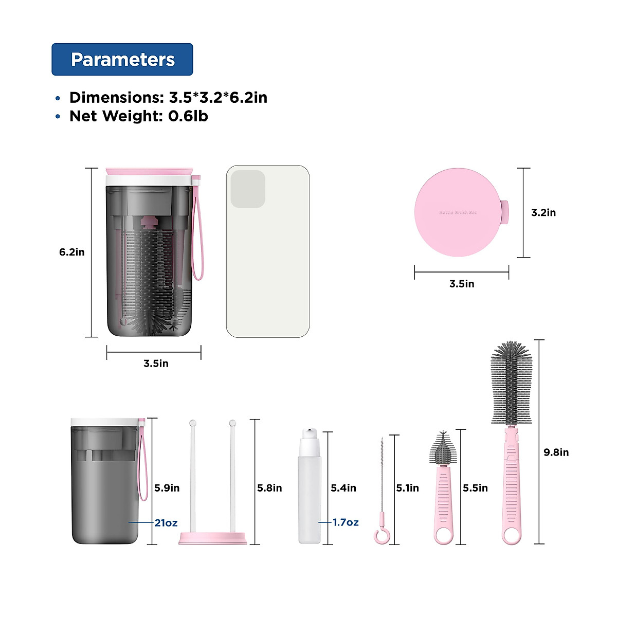 TechoEcho Travel Baby Bottle Brush Set with Extendable Liquid Silicone Bottle Brush，Nipple Brush，Built-in Bottle Drying Rack，Straw Cleaner Brush，Baby Bottle Soap Dispenser，Bottle Warmer (Pink)