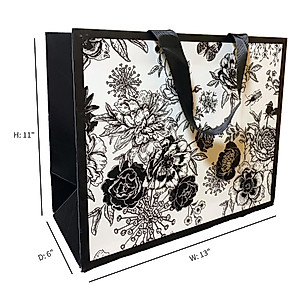 13" Black and White Vintage Floral Gift Bag, Medium Large