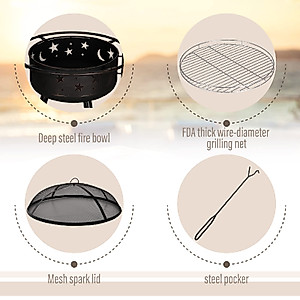 Wood Burning Fire Pit with Grill for Outside 30 Inch Outdoor Firepit with Cooking Grate Large Round Fire Pit Bowl with Poker & Spark Screen for Patio Lawn Backyard BBQ,Star & Moon Cutouts Pattern