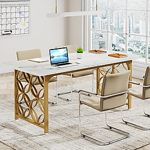 Tribesigns Conference Table for 4-6 People, 62.99" L x 31.49" W Rectangular Meeting Room Table, Seminar Table Boardroom Desk with Sturdy Metal Frame for Office (White/Gold)