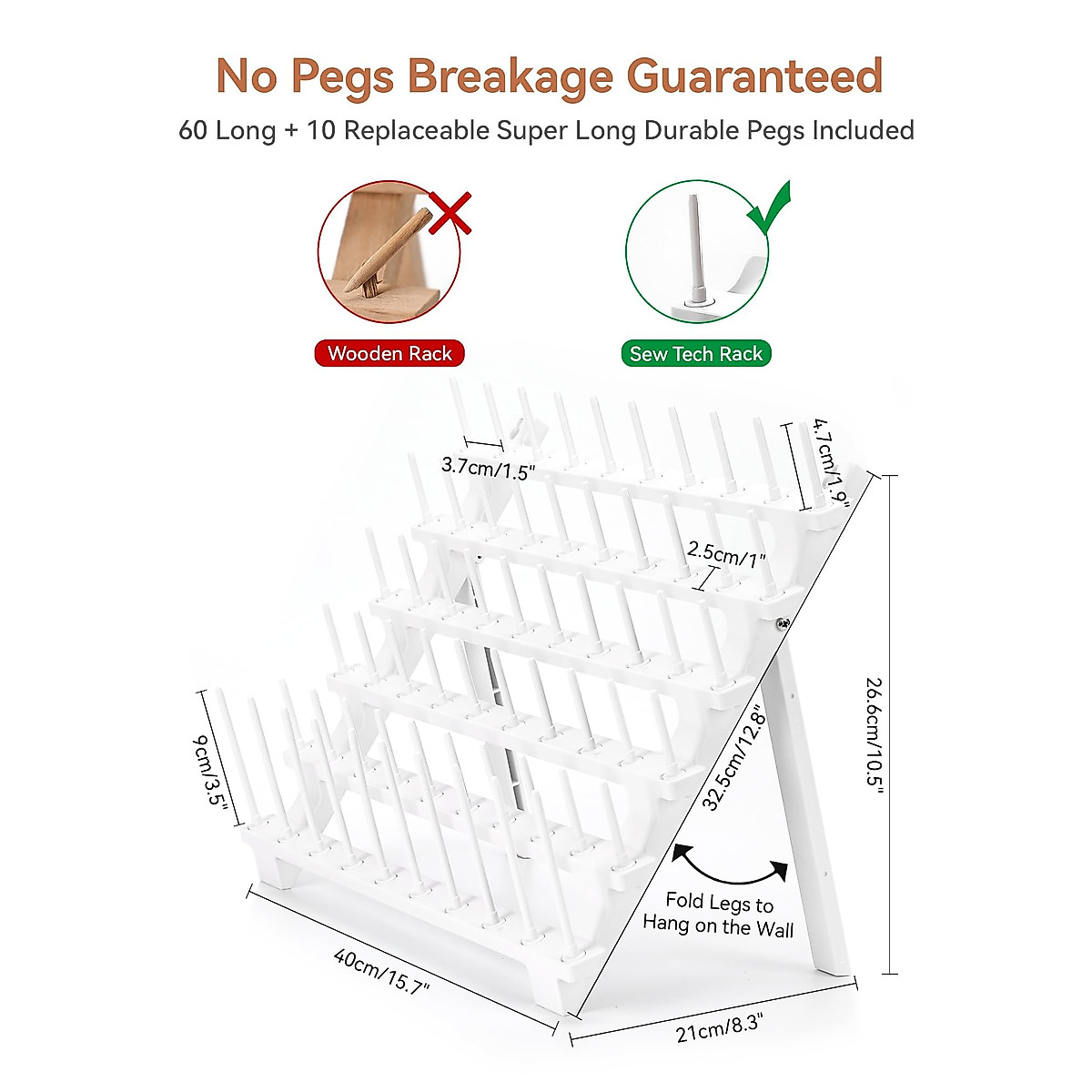 Sew Tech Thread Rack, Bright White Plastic Thread Holder with 60 Pegs and Extra 10 Long Pegs, Sewing and Embroidery Thread Stand