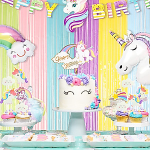 Unicorn 4th Birthday Party Decorations for Girls, Hombae 4th Birthday Party Supplies Kit, Rainbow Birthday Banner Balloons Garland, No.4 Foil Balloon, Macaron Tinsel Curtains