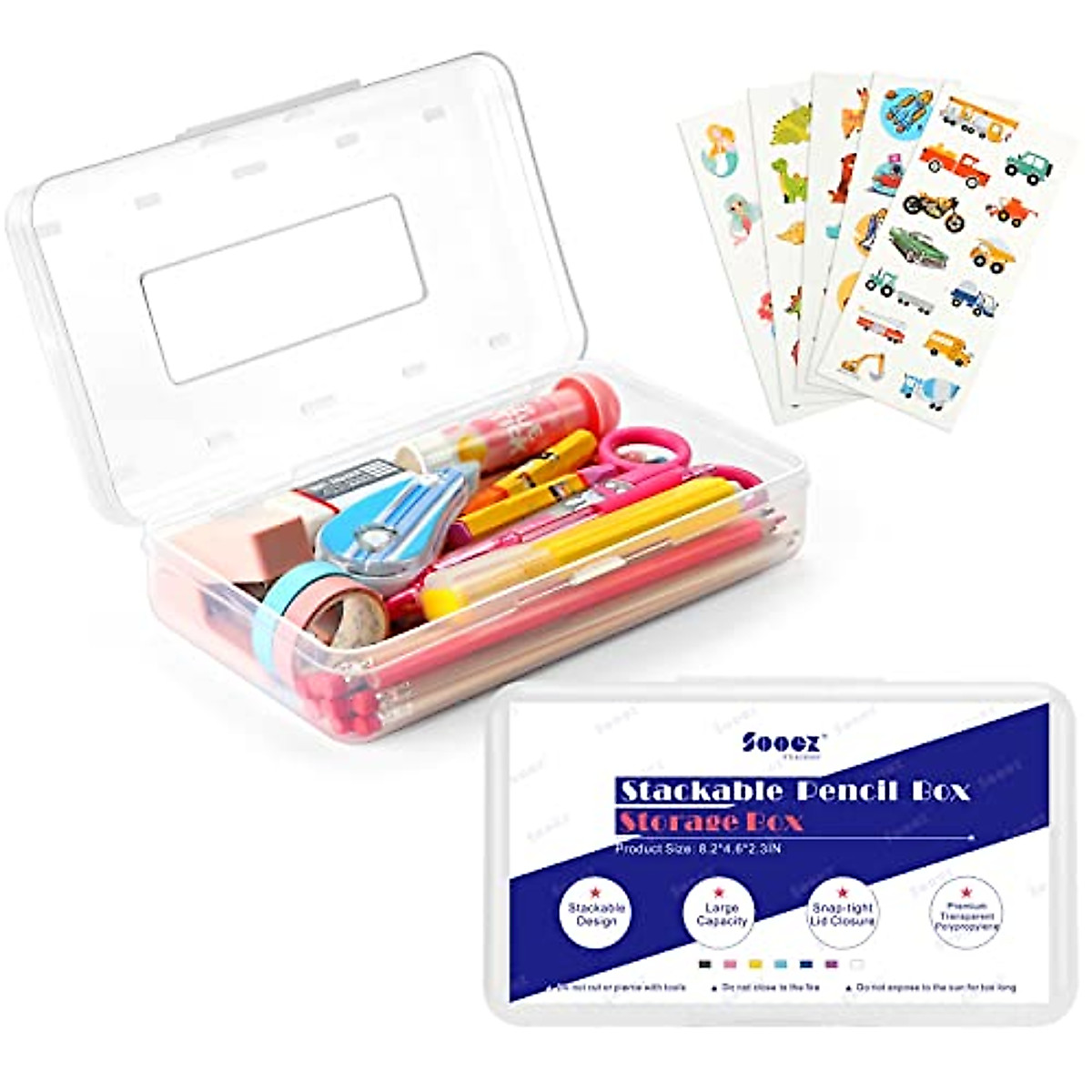 Sooez Pencil Box Clear, Plastic Pencil Case, Hard Pencil Case with Stickers, Clear Crayon Box, Large Plastic Pencil Boxes with Lid, Stackable Supply Boxes, Pencil Case Box for Kids School Boys