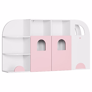 FACBOTALL Kids Bookshelf in The Shape of Truck, 3-Tier Toy Storage Organizer with Two Doors, Toddler Bookcase and Toy Storage for Living Room, Kindergarten, Playroom, Nursery, Pink and White