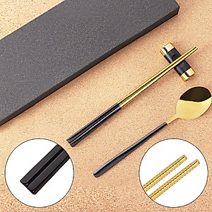 Stainless Steel Chopsticks Spoons and Chopsticks Holders, Flatware Gift Set (Black Golden)