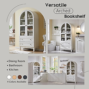 IFBUY 71" Tall Arched Bookshelf, 4-Tier Bookcase with Glass Doors and Shelves, Wooden Display Cabinet w/2 Large Storage Drawers, Modern Farmhouse Versatile Bookshelf for Living Room, Bedroom, White