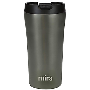 MIRA 16 oz Stainless Steel Insulated Travel Mug with lid - Spill Proof Vacuum Insulated Car Tumbler Cup for Coffee & Tea - Thermos Keeps Drinks Steaming Hot or Ice Cold - Gray Satin