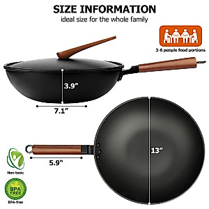 LEITAO Carbon Steel Wok Pan, 14 Piece Woks & Stir-Fry Pans Set with Lid & Cookwares, No Chemical Coated Flat Bottom Chinese Woks Pan for Induction, Electric, Gas, Halogen All Stoves