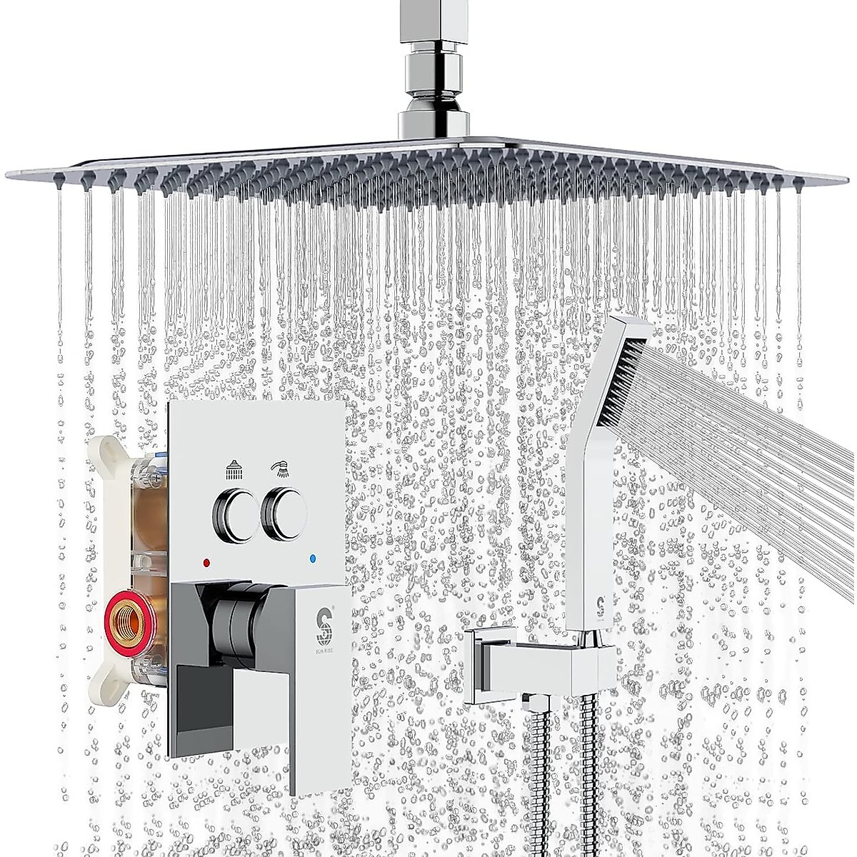 SR SUN RISE Ceiling Mounted Shower System with Push Button Diverter, Luxury 12 Inch Rain Shower Head with Handheld Spray, High Pressure Shower Faucet Combo Set with Rough-in Valve, Polished Chrome