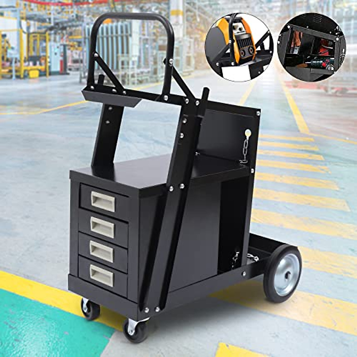 XUANIIIL Rolling Welding Cart with 4 Drawers Cabinet, Professional Welder Trolley with Wheels and Tank Storage, for TIG MIG Welder and Plasma Cutter, Heavy Duty Load Capacity 80kg Black