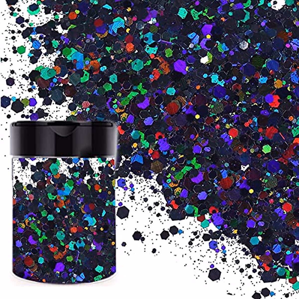 3.5oz/100g Mixed Chunky and Fine Glitter, Holographic Crafts Glitter Powder for Resin, Flakes Iridescent Nail Sequins, Cosmetic Glitter for Face Eye Glitters Tumblers, Festival Decorations (Black)