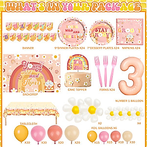Hombae Young Wild and Three Party Decorations Girl, 3rd Birthday Decorations Girl, Boho Daisy Hippie Third Supplies, Retro Balloon Backdrop Banner Tablecloth Cake Topper Plates Napkins Forks 257 PC