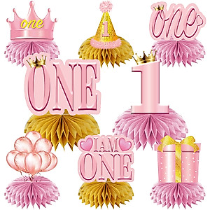 8Pcs 1st Birthday Decorations Honeycomb Centerpieces for Baby Girls, Pink Rose Gold I Am One Happy First Birthday Table Centerpieces Party Supplies, One Year Old Bday Table Toppers Decor