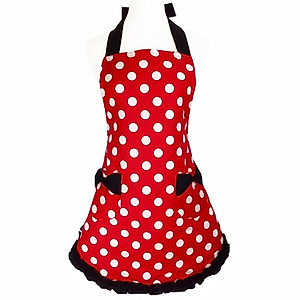 Hyzrz Lovely Retro Adjustable Red Polka Dot Aprons for Women Girls Cute Funny Apron Bowknot 2 Pockets