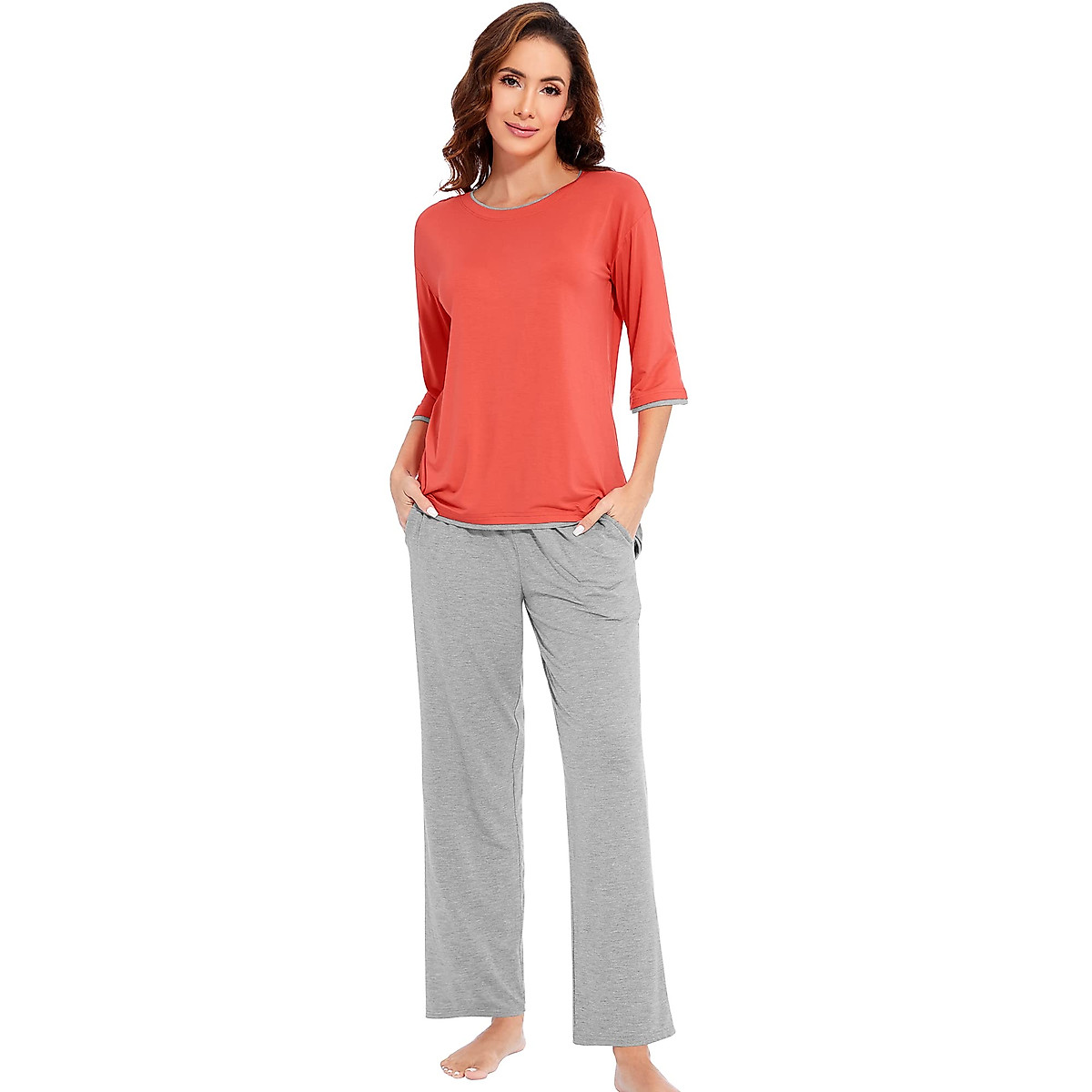 WiWi Womens 3/4 Sleeve Pajamas Set Soft Viscose from Bamboo Top with Pants Sleepwear Plus Size Lightweight Pjs S-4X, Coral+Heather Grey, Large