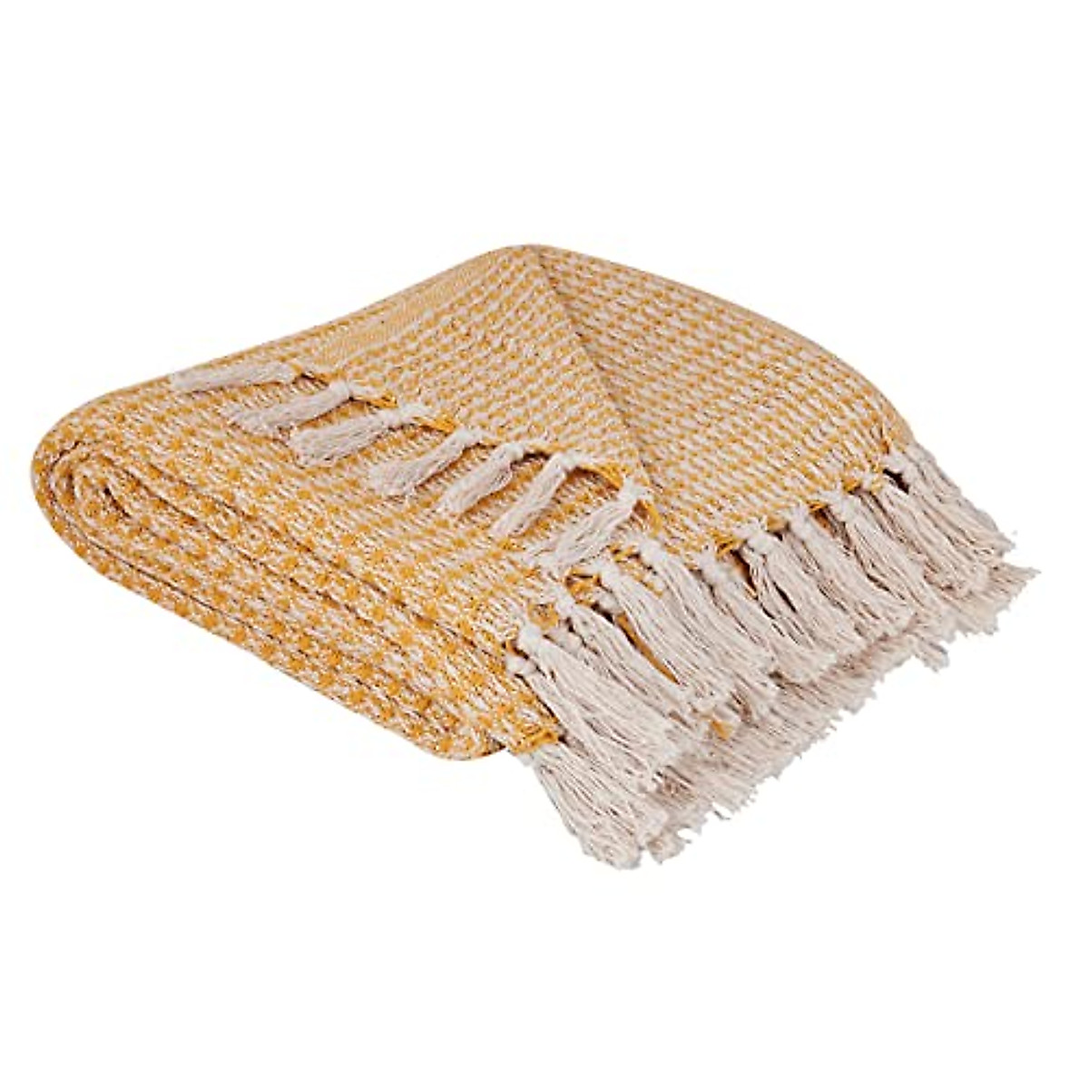 Yellow Cotton Throw Blanket - Waffle Weave Throw Blanket 60”x48” - Farmhouse Throw Blanket - Throw Blanket for Couch Sofa Chair Bed - Blanket for all Seasons - Yellow Decorative Blanket with Fringe