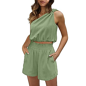 AUTOMET Women Summer Clothes 2023 Fashion Two 2 Piece Outfits Sexy Linen Matching Sets Lounge Shorts Boho Crop Tops Vacation Beachwear