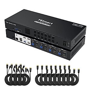 TESmart USB 3.0 HDMI KVM Switch 3 Monitors 4 Computers 4K@60Hz, Headset, Audio&Microphone, EDID emulators, Hotkey Switch, Wired Network, Rack-Ears, 4 Port Triple Monitor KVM Switch with All Cables