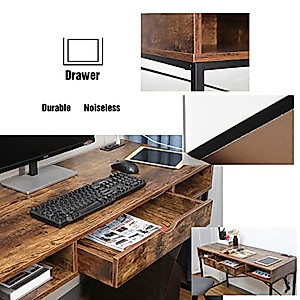 JJS 48' Writing Desk with Power Outlet, Home Office Contemporary Large Computer Desk Laptop Workstation with Drawer USB Ports Charging Station, Rustic Brown